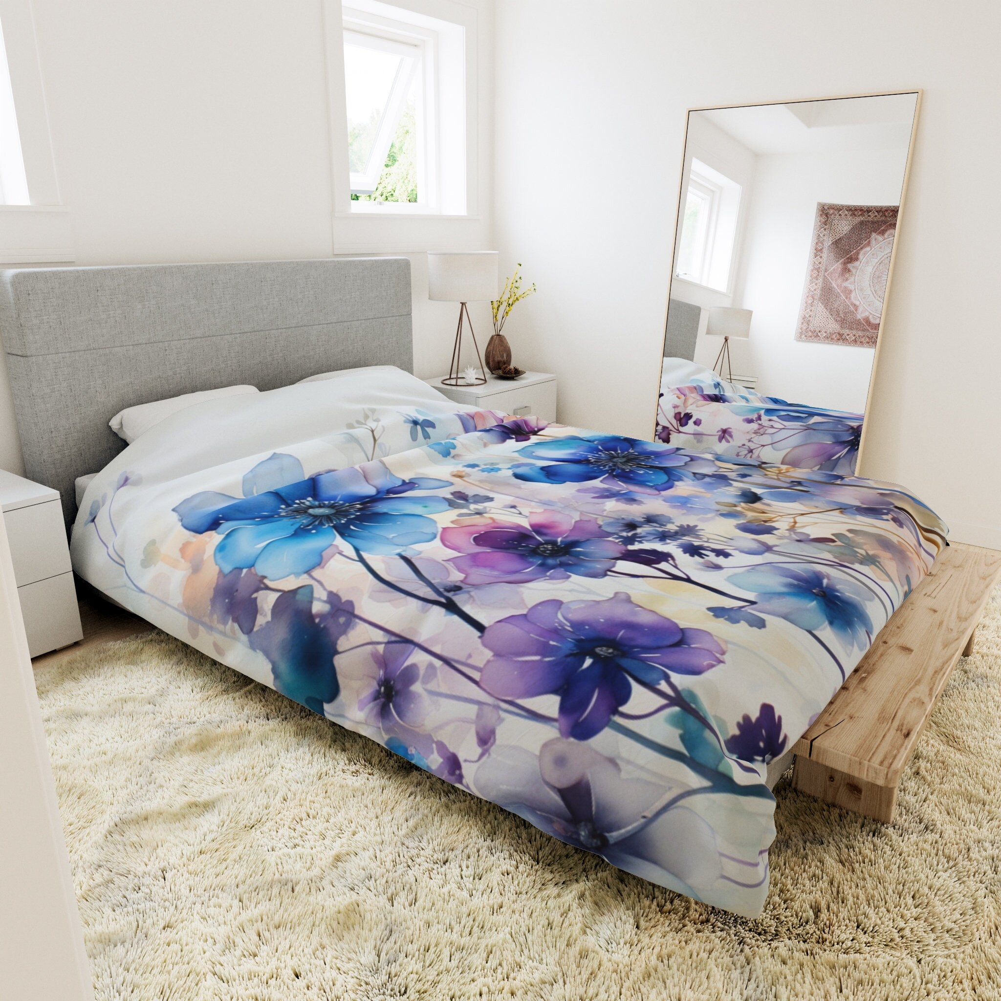 Blue Watercolor Flowers Duvet Cover, Floral Duvet Cover, Home Decor ...