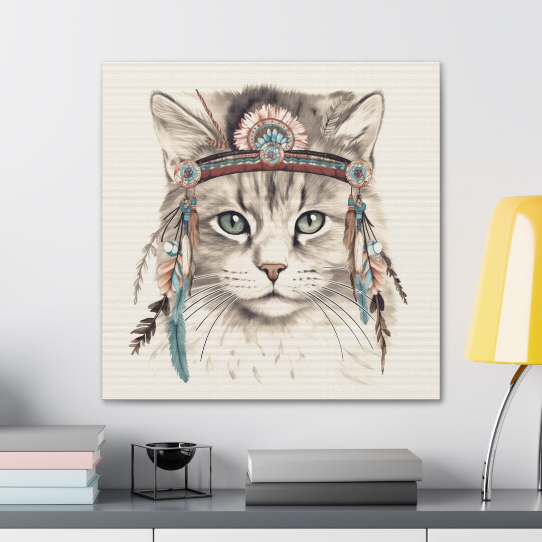 Boho Cat Design Canvas, Grey Cat Art Canvas Wall Art, Ideal Gift for ...