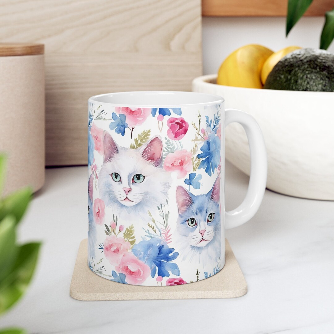 Cat Lover Mug, Crazy Cat Lady Mug, Cat Owner Gift, 11 Oz White and Blue ...