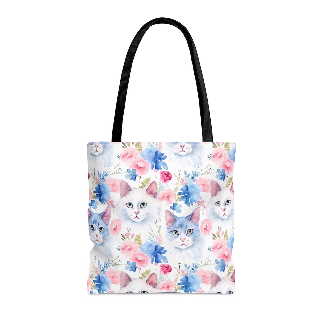 Watercolor Cute Fluffy Blue Cat, Funny Cat Tote Bag, Working Bag, Large ...