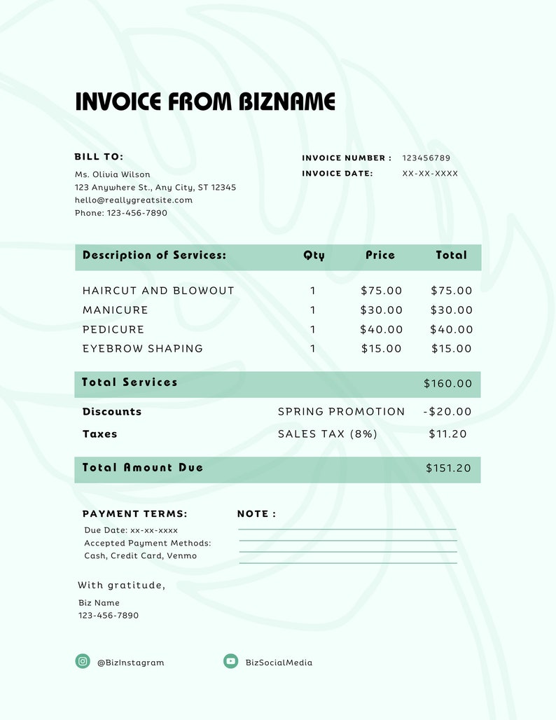 Editable Canva Invoice Template for Small Business Green - Etsy