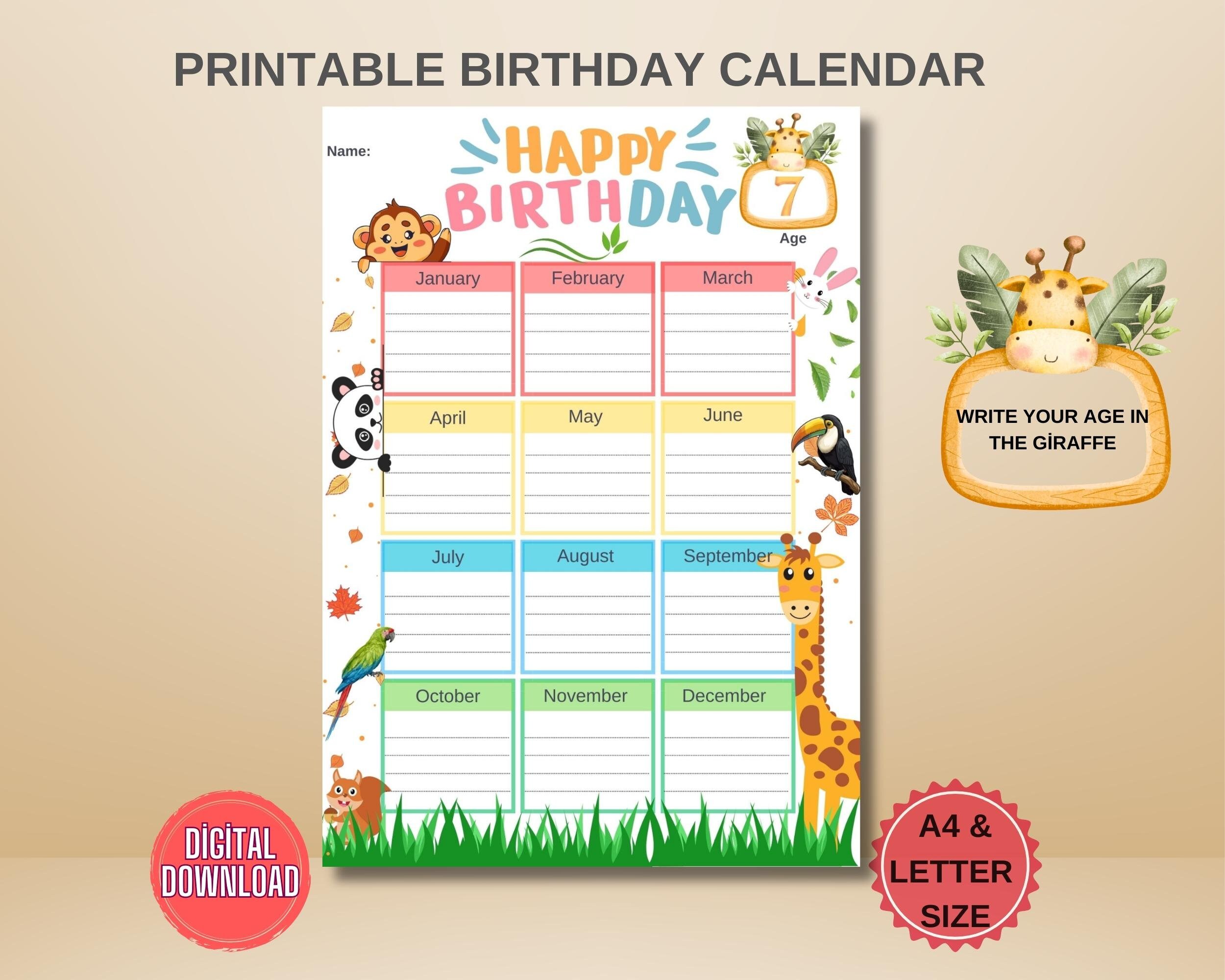 Printable Kids Birthday Calendar,birthday Tracker,birthday Planner ...