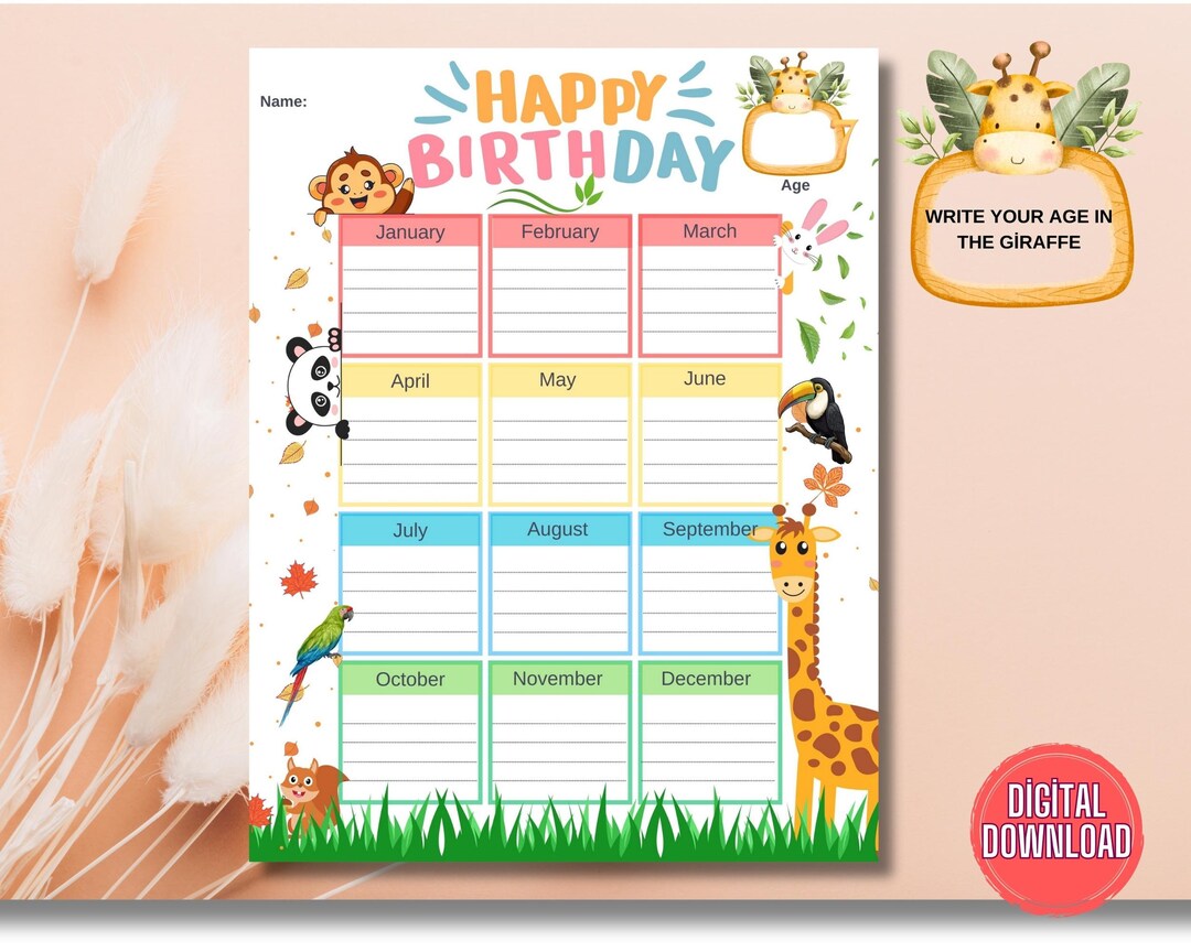Printable Kids Birthday Calendar,birthday Tracker,birthday Planner ...