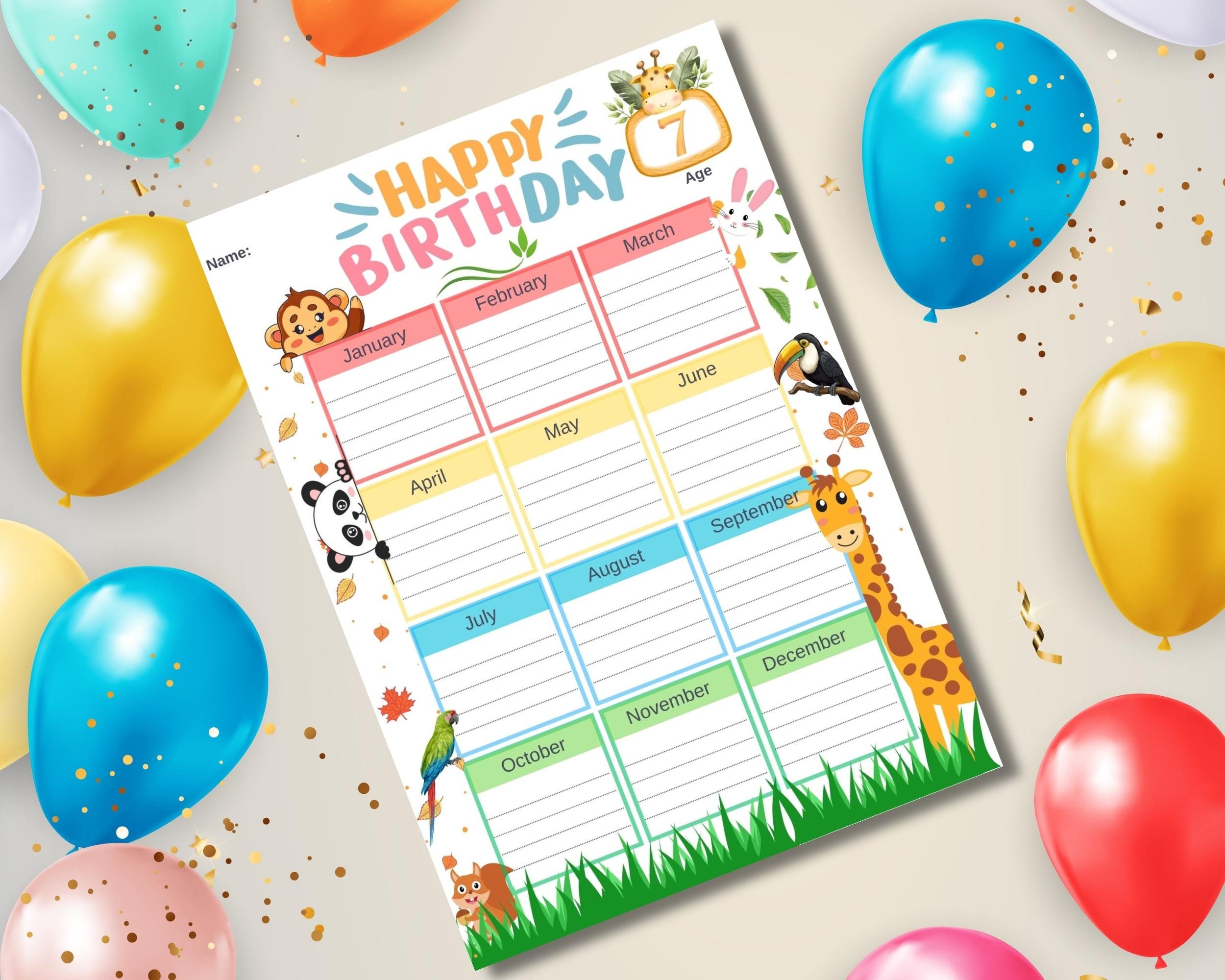 Printable Kids Birthday Calendar,birthday Tracker,birthday Planner ...
