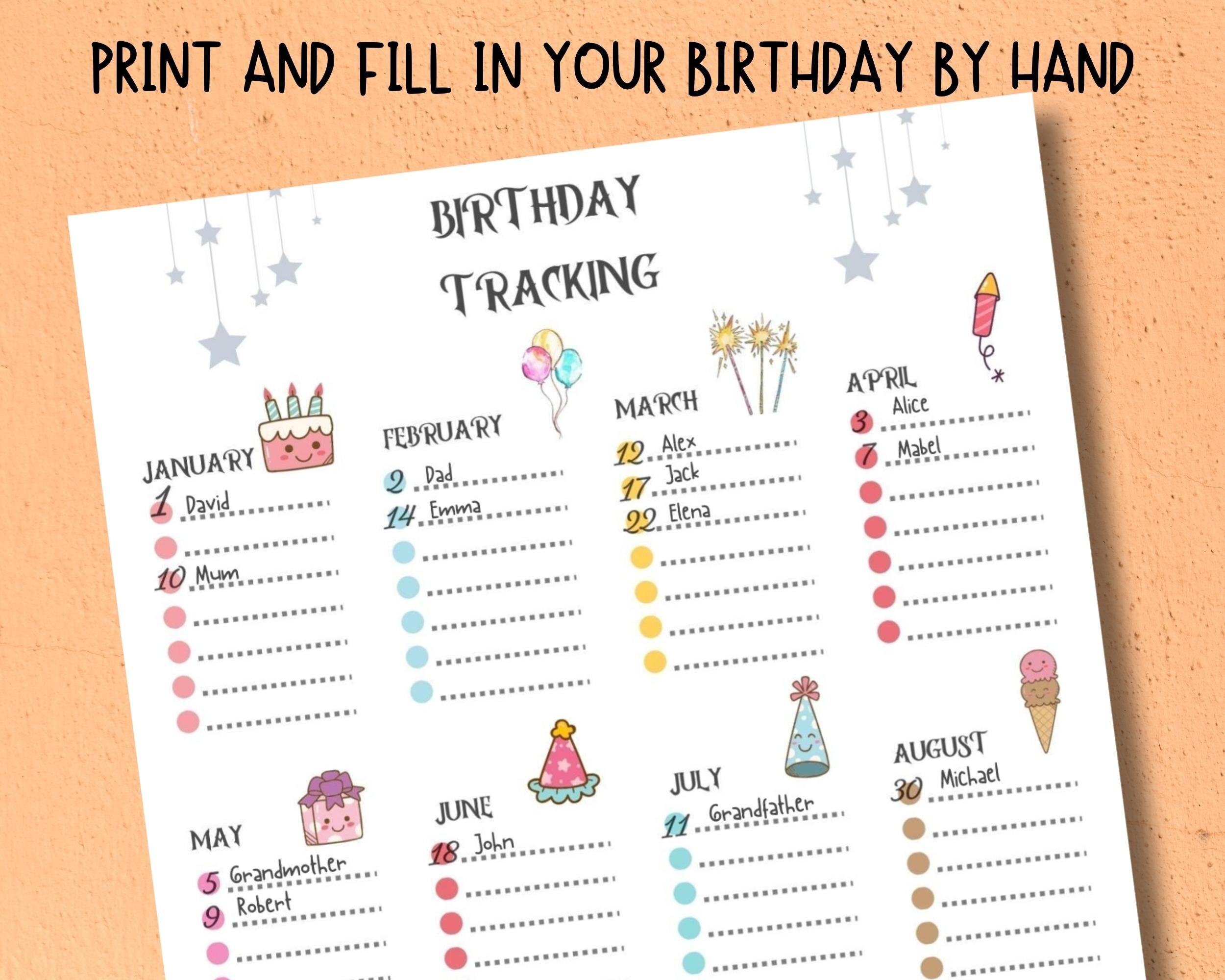 Birthday Tracker Printable-birthday Planner Birthday - Etsy