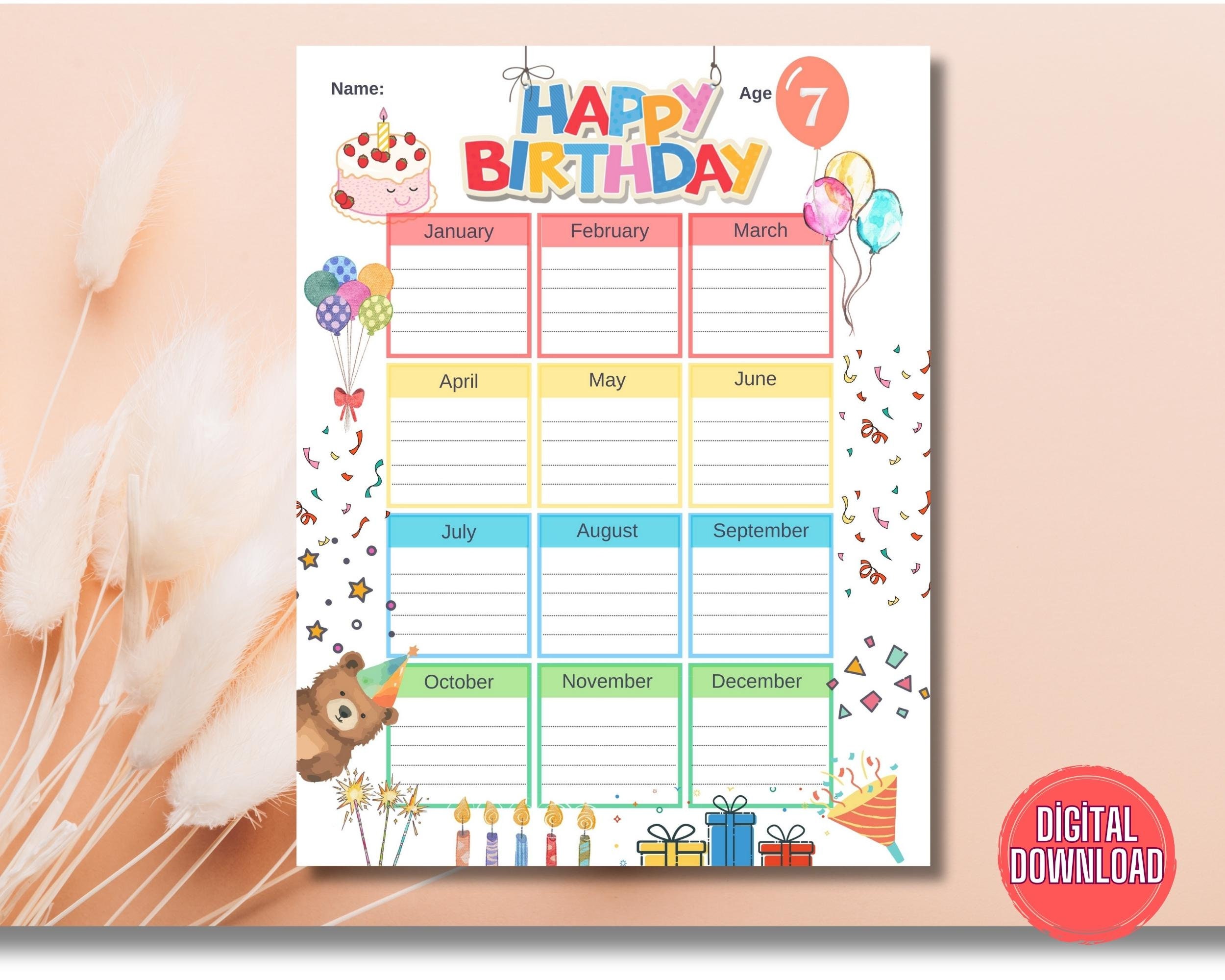 Printable Kids Happy Birthday Card Calendar/birthday - Etsy