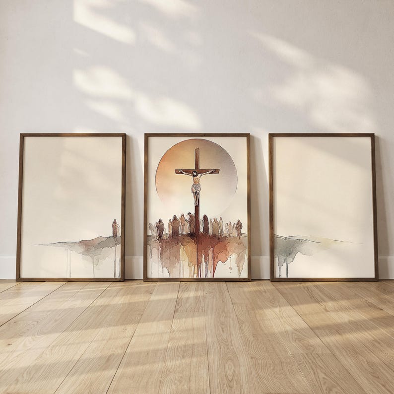 Crucifixion of Jesus Triptych: Watercolor Christian Wall Art, Catholic ...