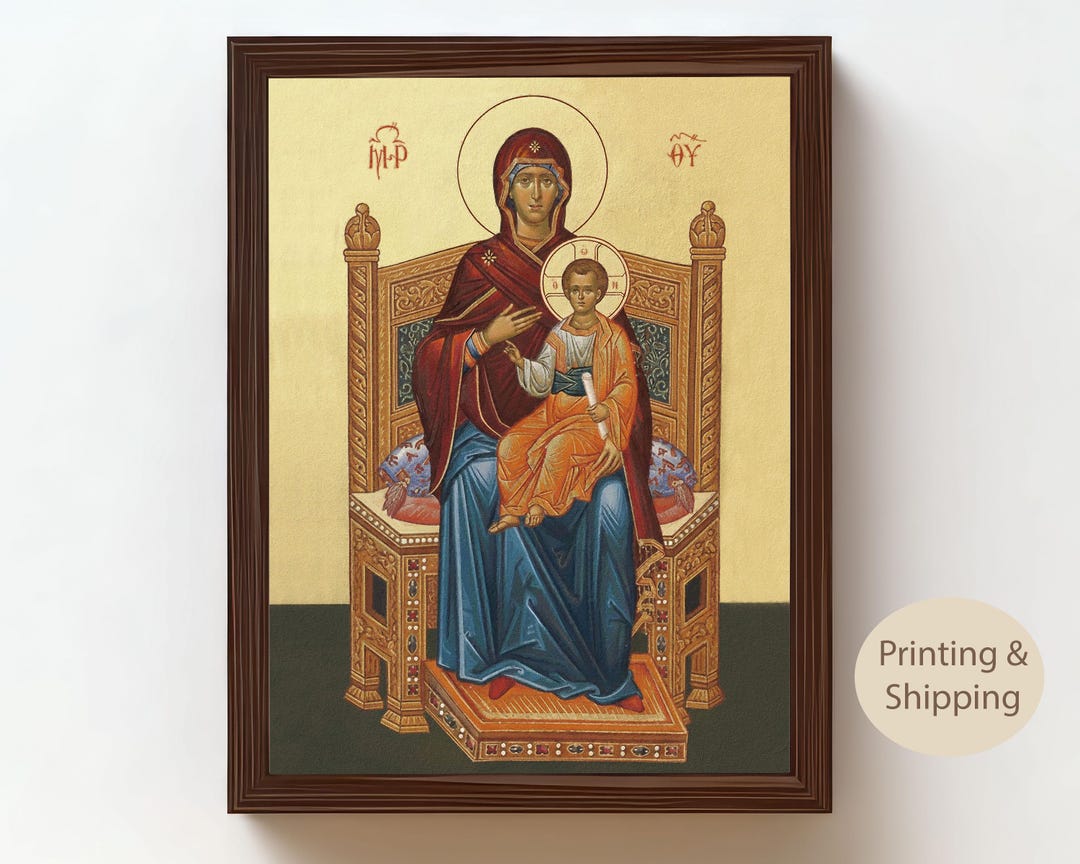 Theotokos Enthroned Icon: Virgin Mary With Christ Child, Byzantine ...