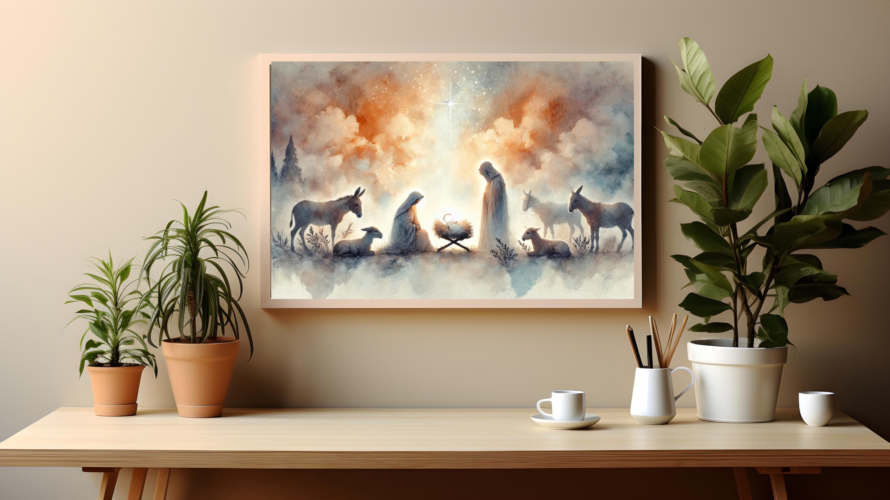 The Peaceful Nativity Scene, Nativity Scene Art Print, Christian Wall ...