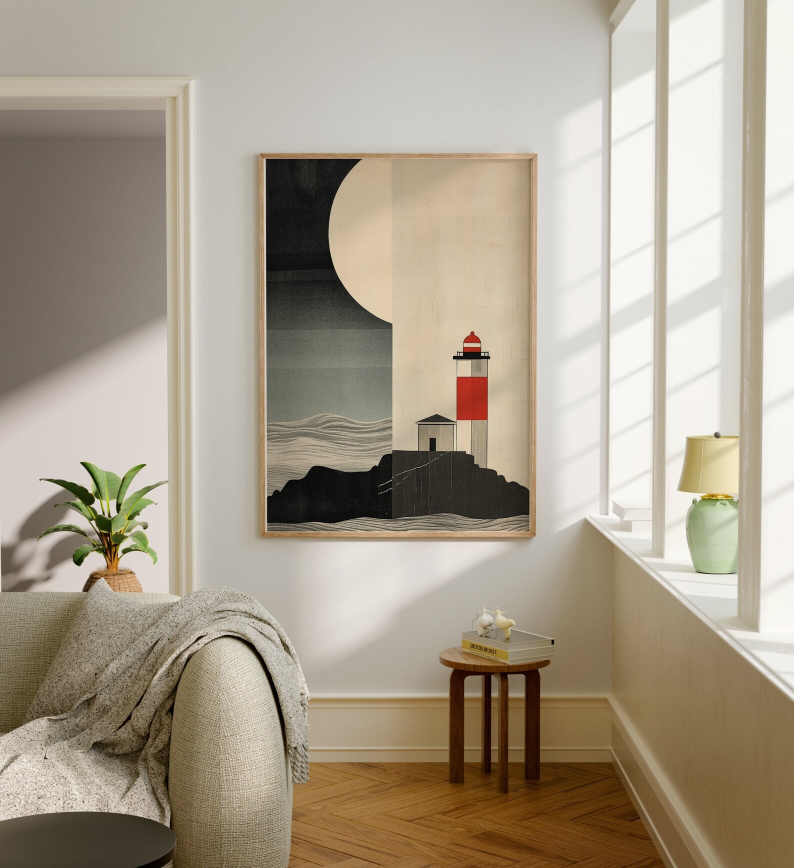Japanese Wall Art, Ocean Waves & Lighthouse Print, Coastal Nautical ...