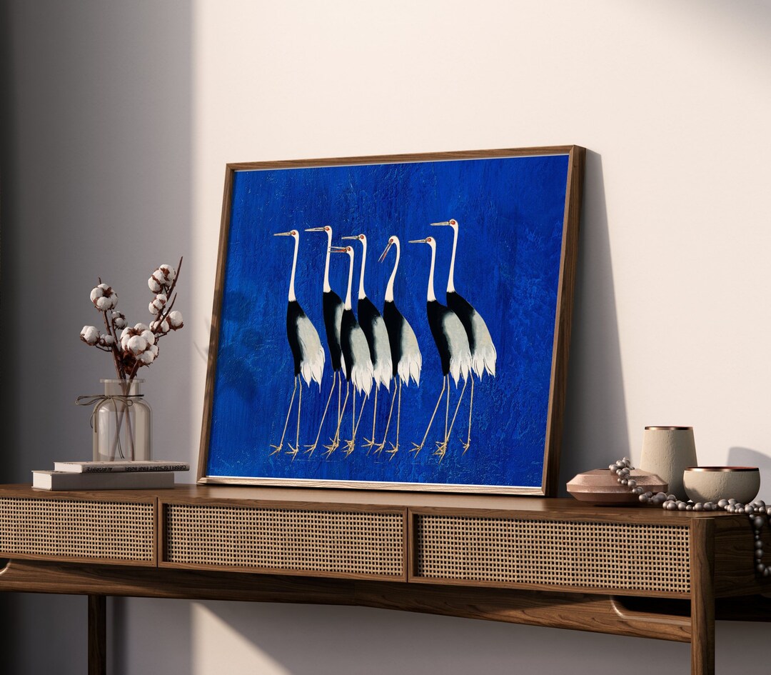 Indigo Blue Crane Print, Maximalist Wall Art, Vintage Crane Art Poster ...