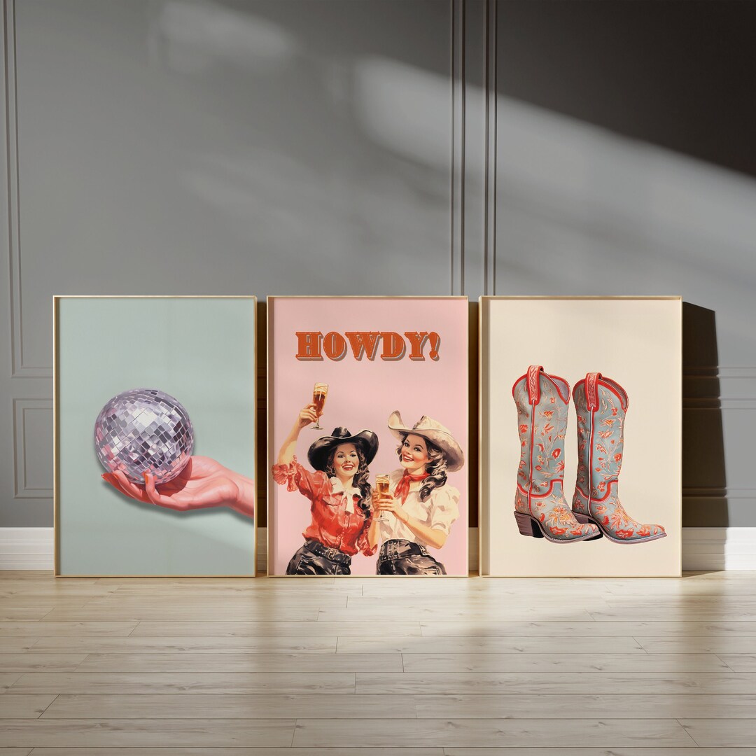 Disco Ball Cowgirl Poster, Set of 3 Prints, Y2k Room Decor, Disco Ball ...