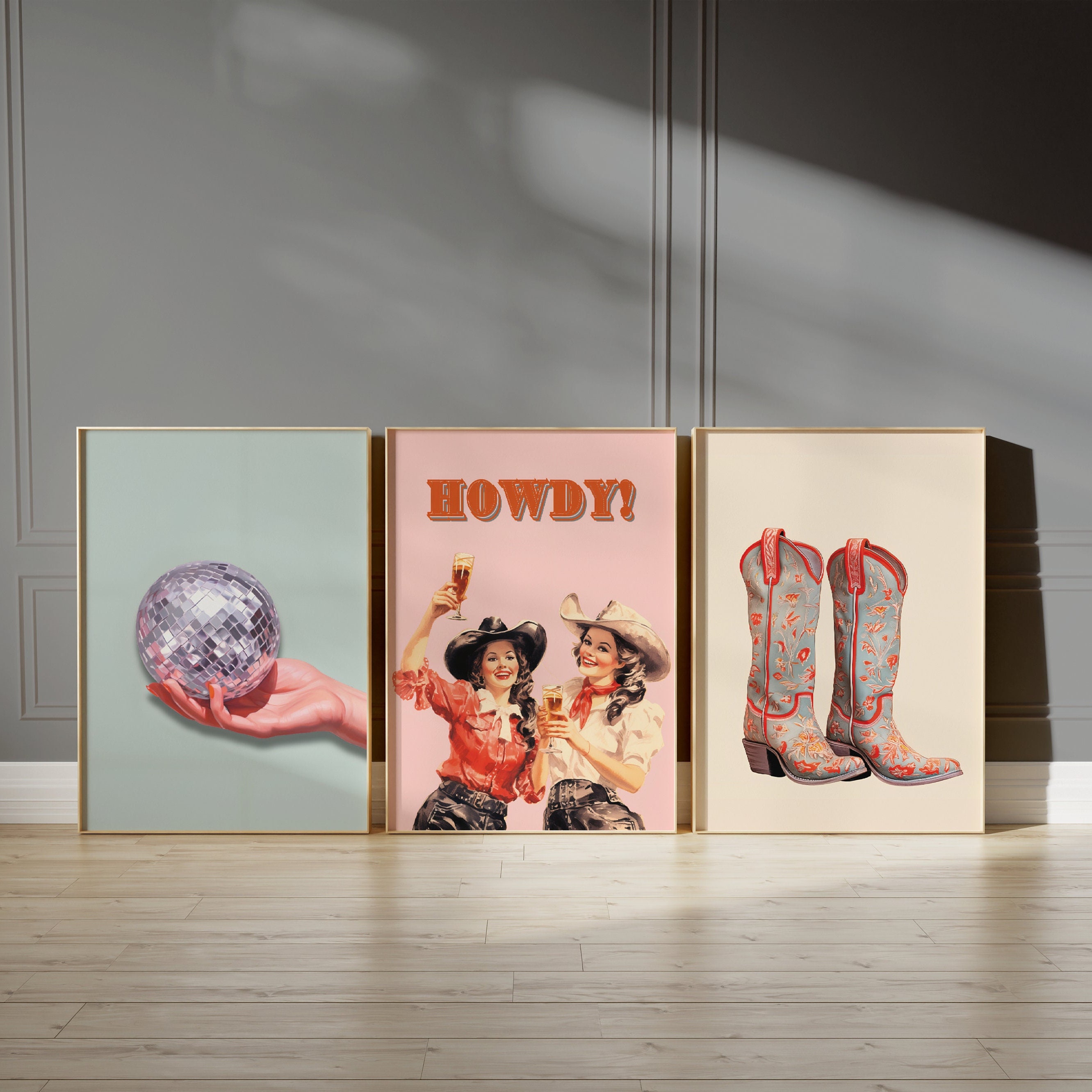 Disco Ball Cowgirl Poster, Set of 3 Prints, Y2k Room Decor, Disco Ball ...