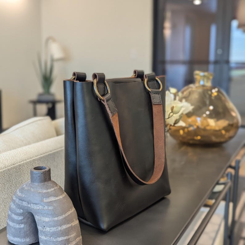 Classic Leather Tote Bag, Black Leather Handmade Tote, Gift for Her ...