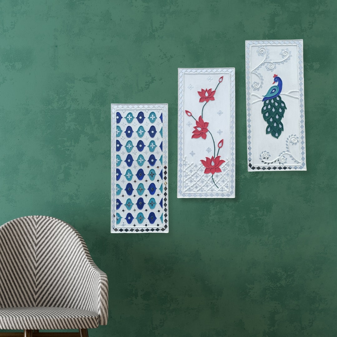 Mirror and Clay Work Wall Hanging | Mandala Lippan Art | 8x18 Inches ...