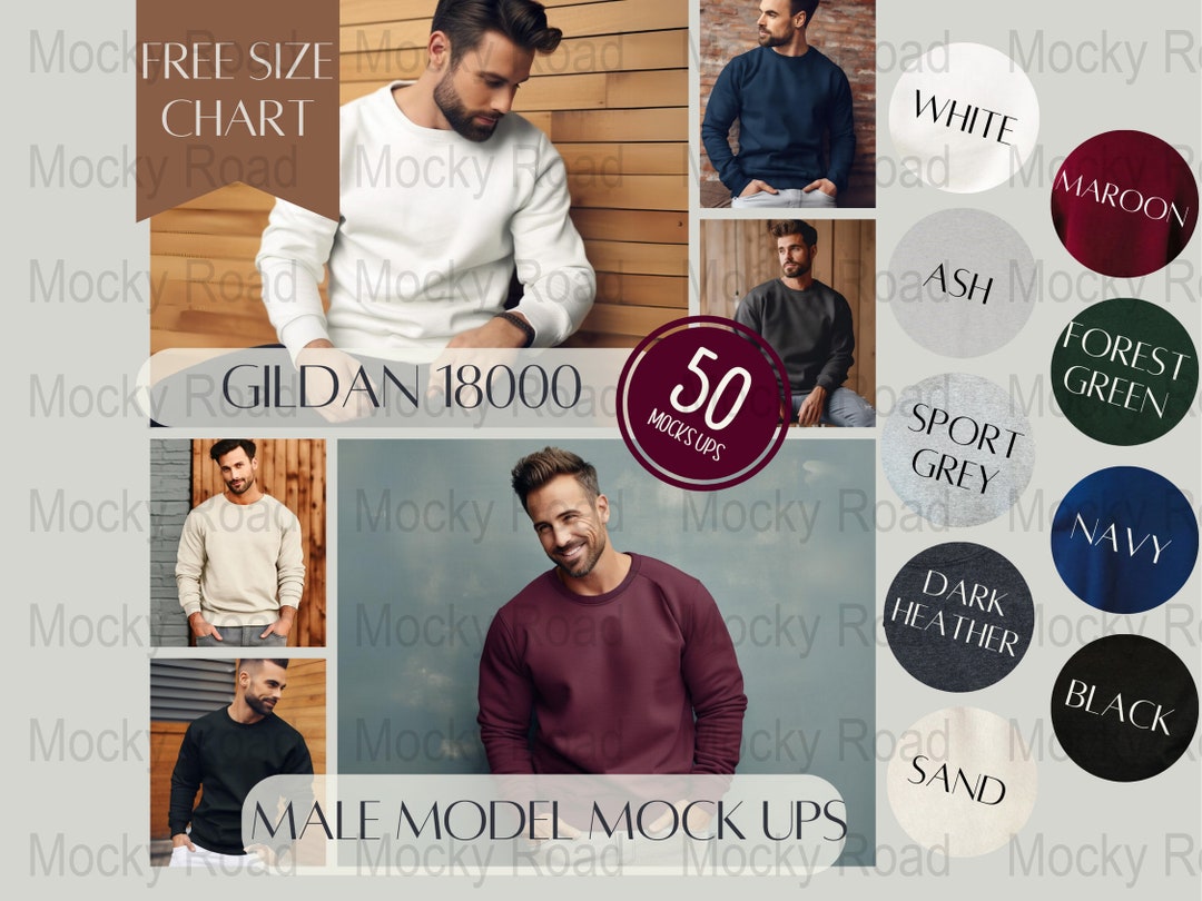 Gildan 18000 Male Model Mockup Bundle, Mens Sweatshirt Mock Ups, Navy ...