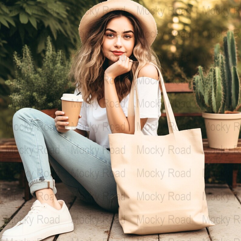 Natural Canvas Tote Bag Mock, 15x16 Shopping Bag Mock Up, Boho Model ...