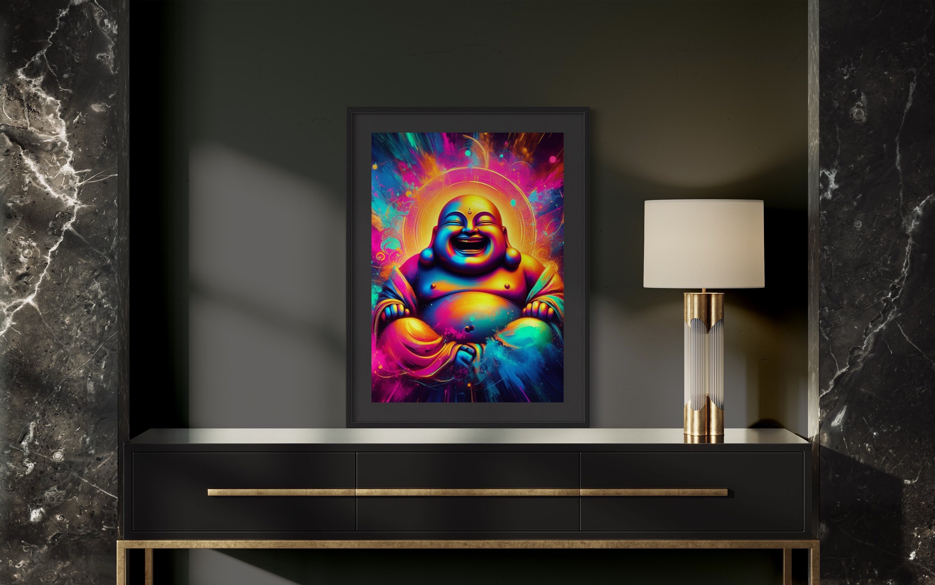 Laughing Buddha Neon Wall Art Printed Posters: Spiritual Zen Decor Wall ...