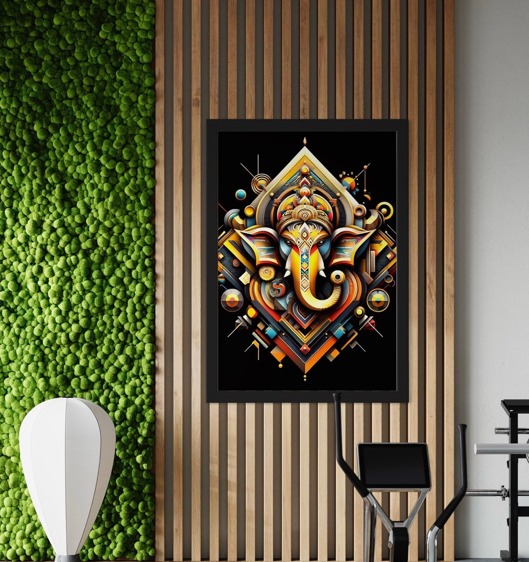 Geometric Ganesha Wall Art Print - Sacred Symmetry on Black Background ...