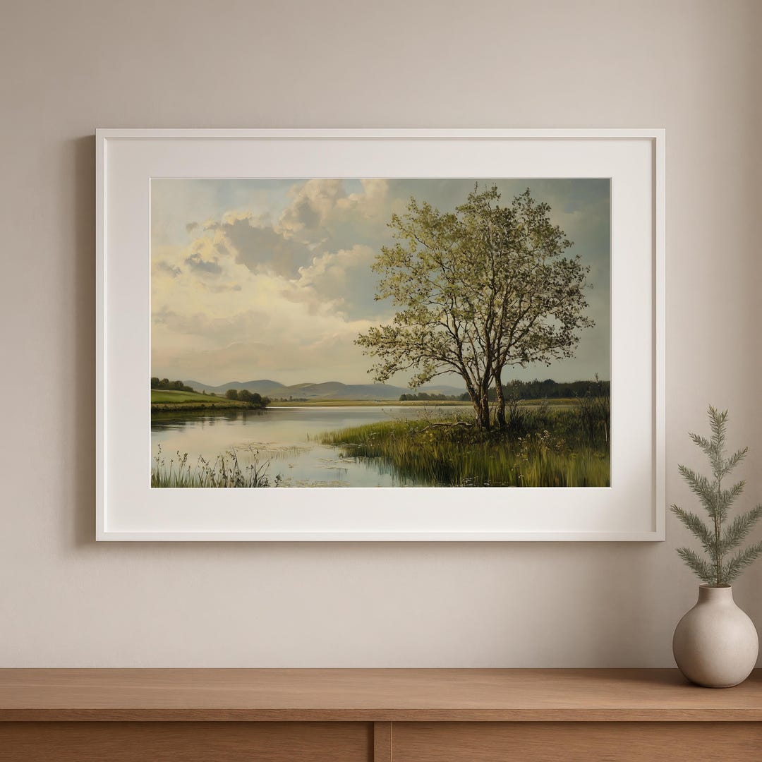 Printable Riverside Spring Landscape - Serene Solitary Tree ...