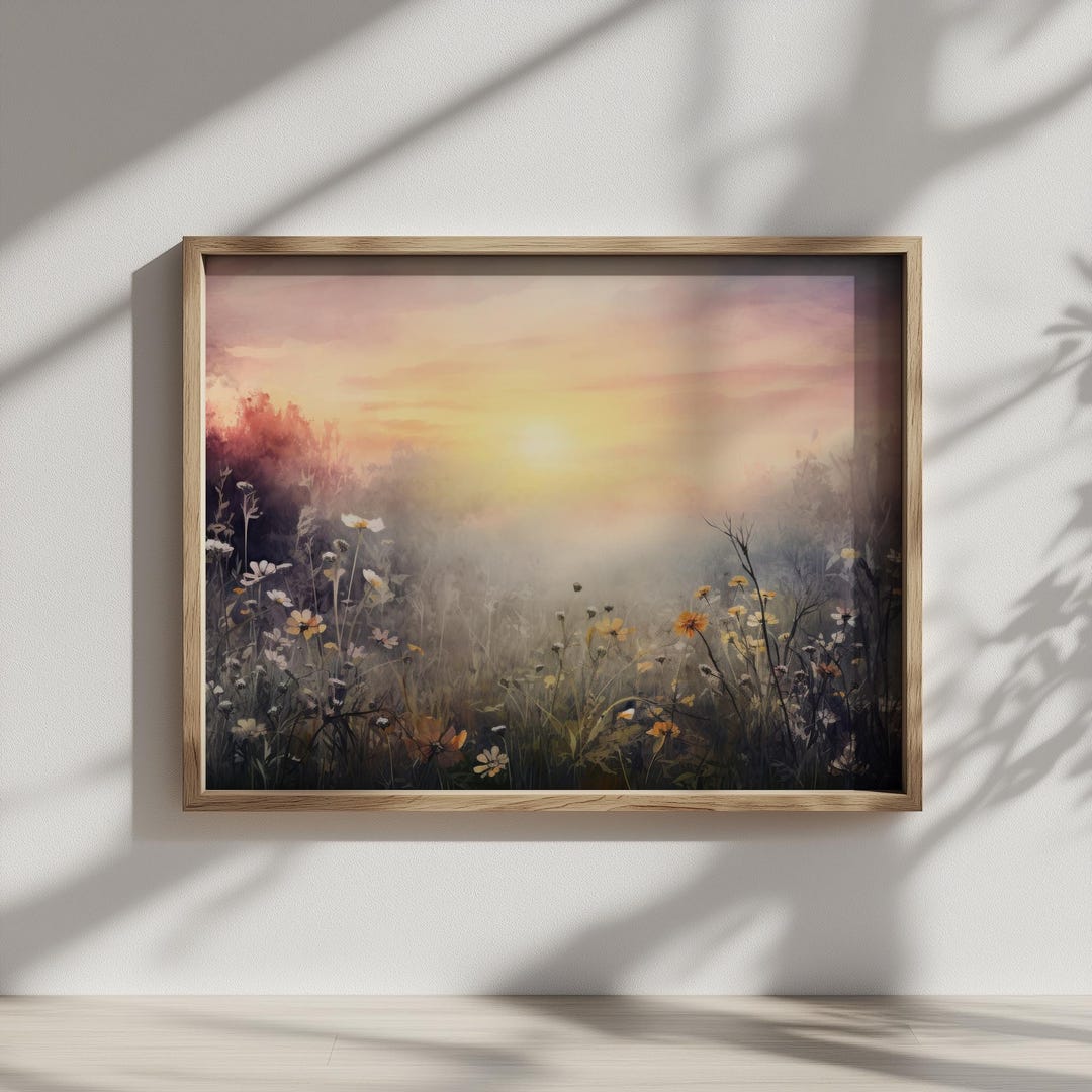Sunset Meadow With Wildflowers Print - Dreamy Cottagecore Landscape ...