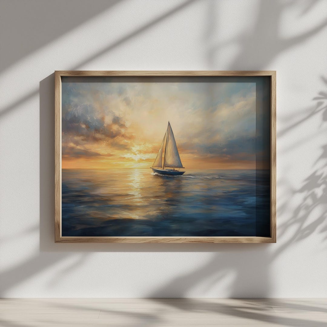 Moody Maritime Sunset - Dramatic Seascape Art With Sailboat, Romantic ...