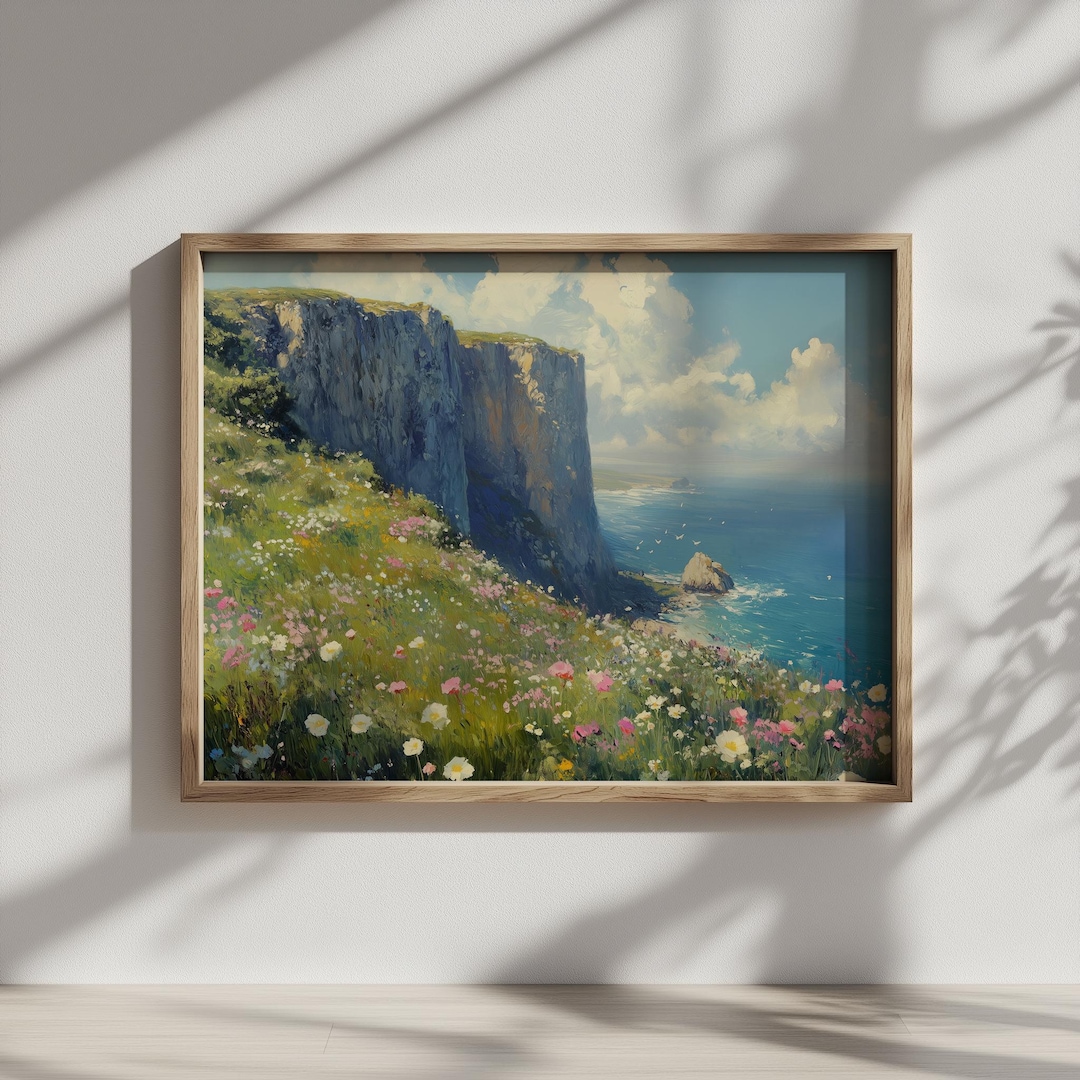 Printable Spring Coastal Cliffs Painting - Serene Cottagecore Ocean ...
