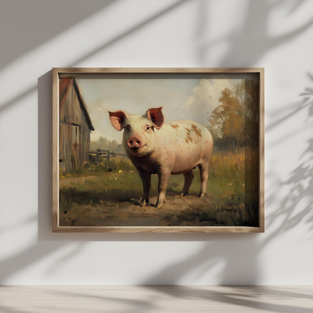 Printable Rustic Farmhouse Pig Painting - Vintage Rural Landscape Art ...