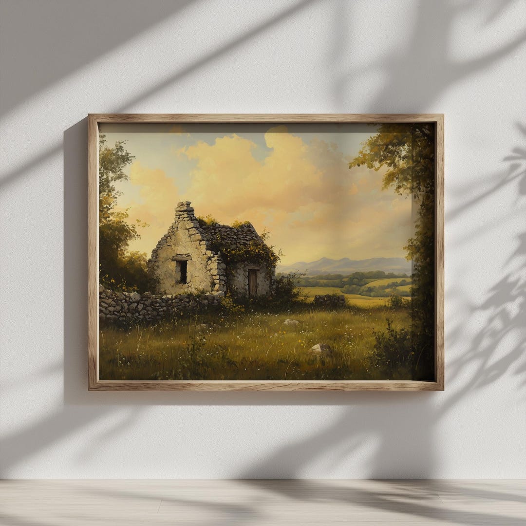 Rustic Irish Stone Cottage Landscape Print - Cottagecore Pastoral Scene ...