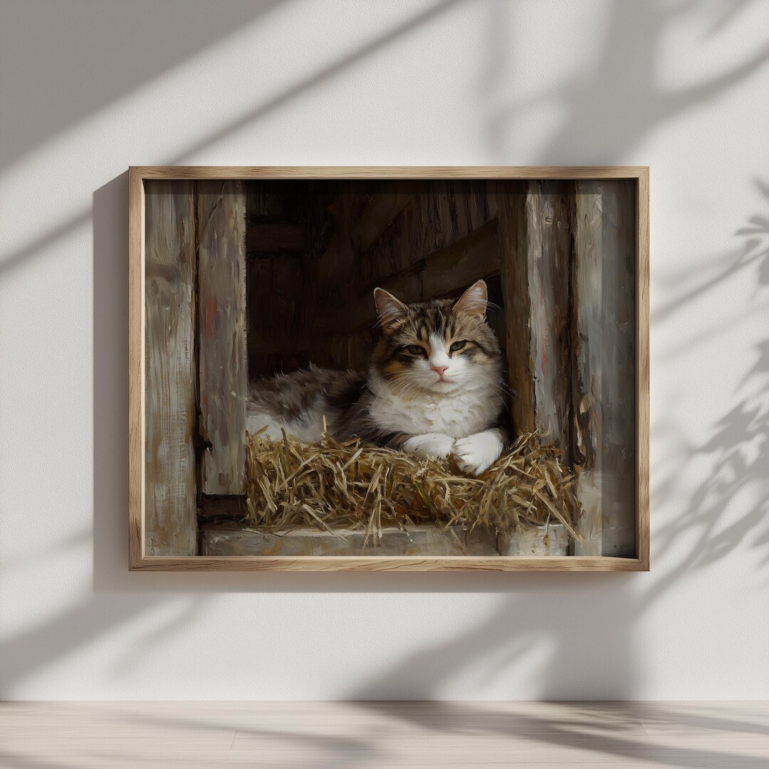 Vintage Farmhouse Barn Cat Print - Rustic Country Decor, Relaxed Tabby ...