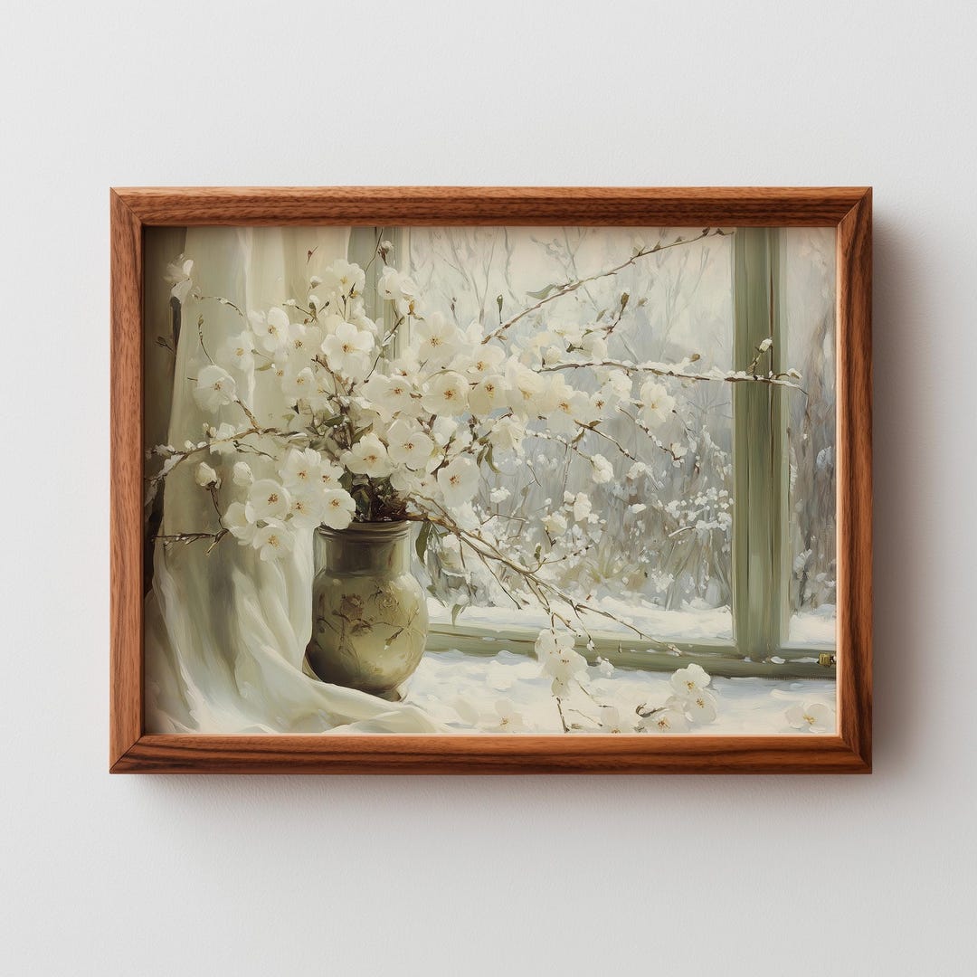 Vintage Cottagecore Vase With White Blossoms - Romantic Floral Window ...