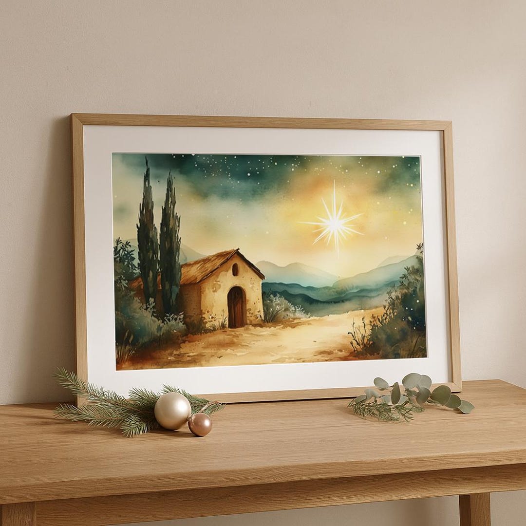 Rustic Nativity Scene Printable - Star of Bethlehem Over Stable, Serene ...