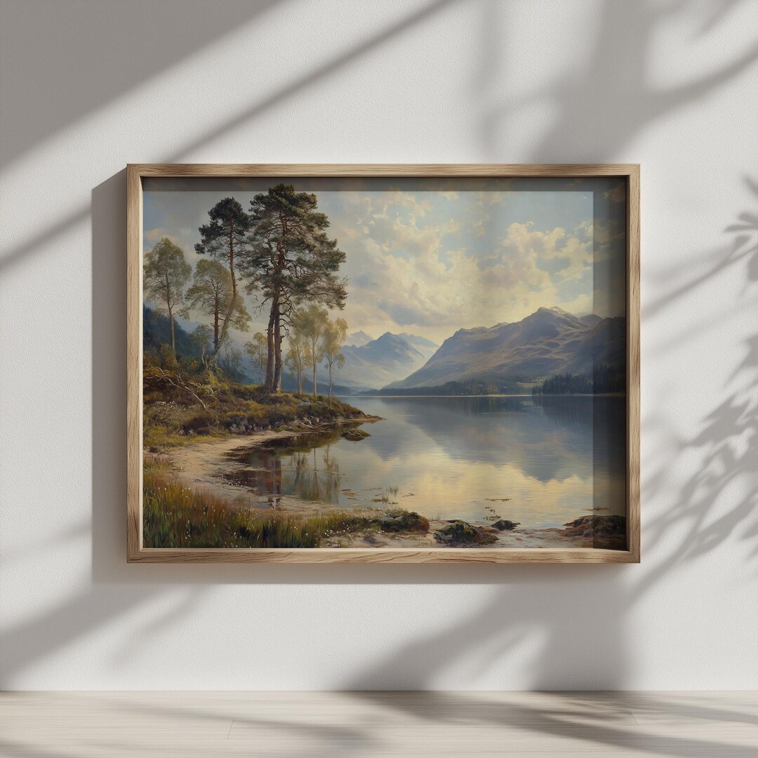 Vintage Scottish Loch Painting, Printable Spring Landscape With Misty ...