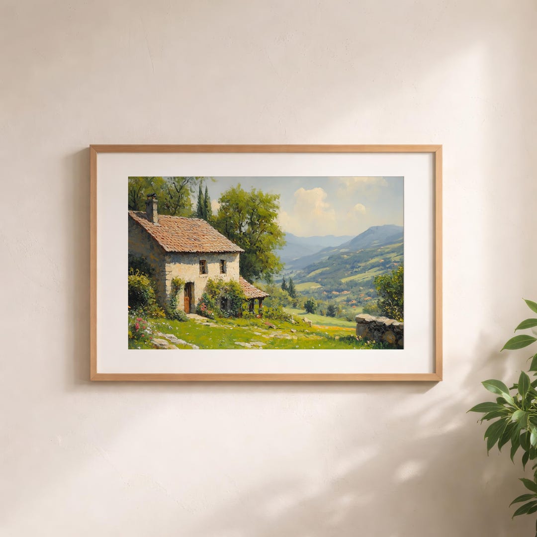 Printable Spring Meadow Landscape - Rustic Cottagecore Cottages ...