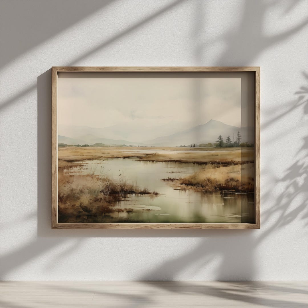 Rustic Marsh Landscape Printable - Serene Bayou With Reeds and Hills ...