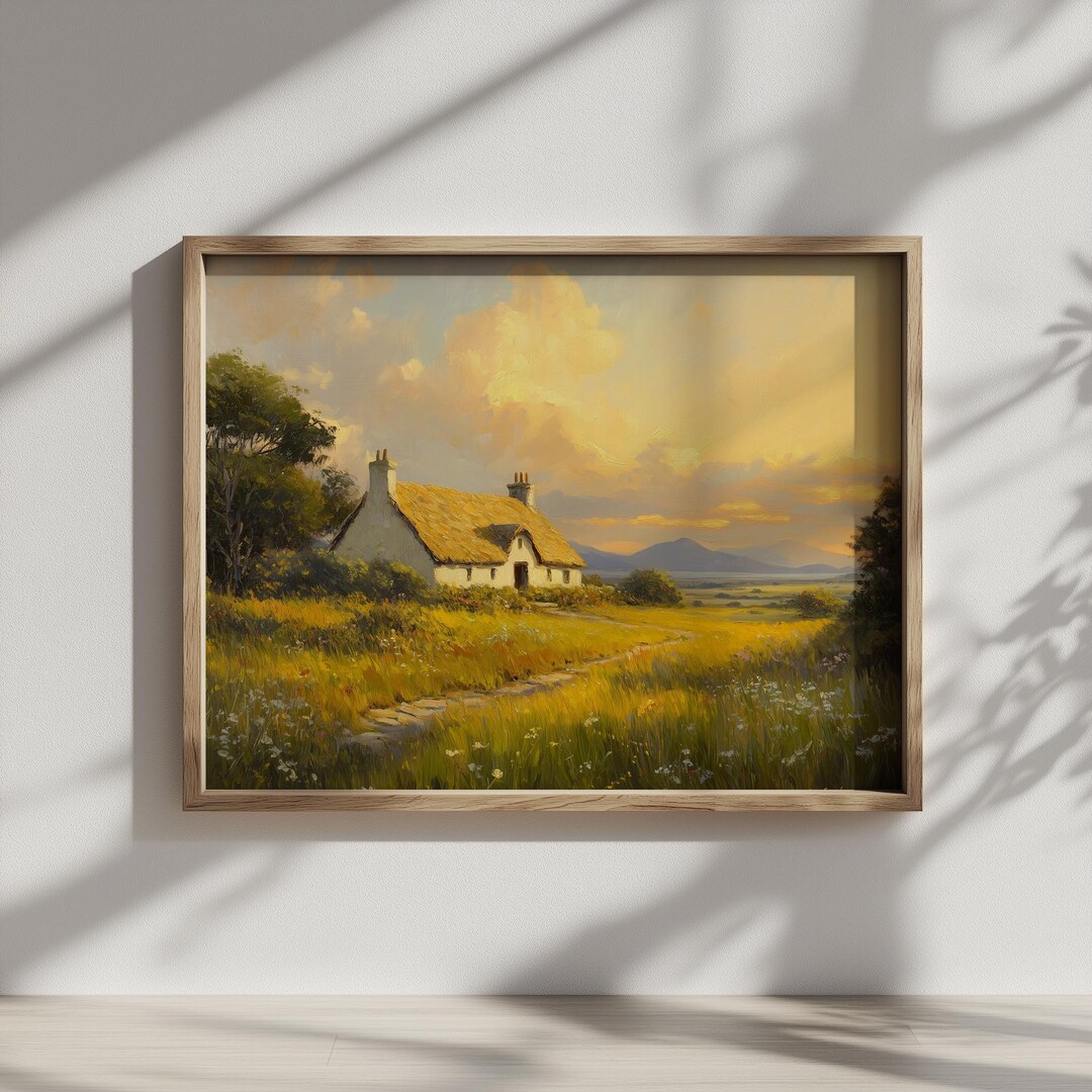 Summer Irish Cottage Landscape Art - Rustic Thatch House in Sunlit ...