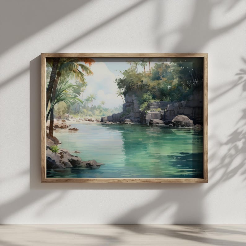 Serene Tropical Lagoon Printable Art - Calming Coastal Watercolor ...