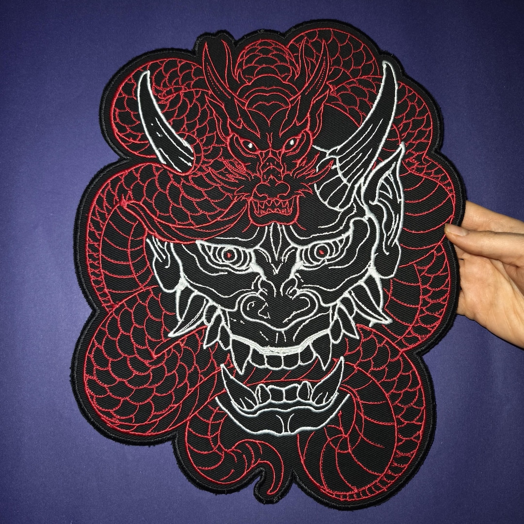 Oni Mask & Dragon 13" Embroidered Back Patch – Iron-on Gothic / Mythic ...