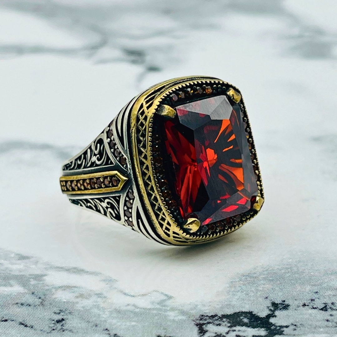 925 Sterling Silver Square Stone Men's Ring, Red Garnet Stone, Modern ...