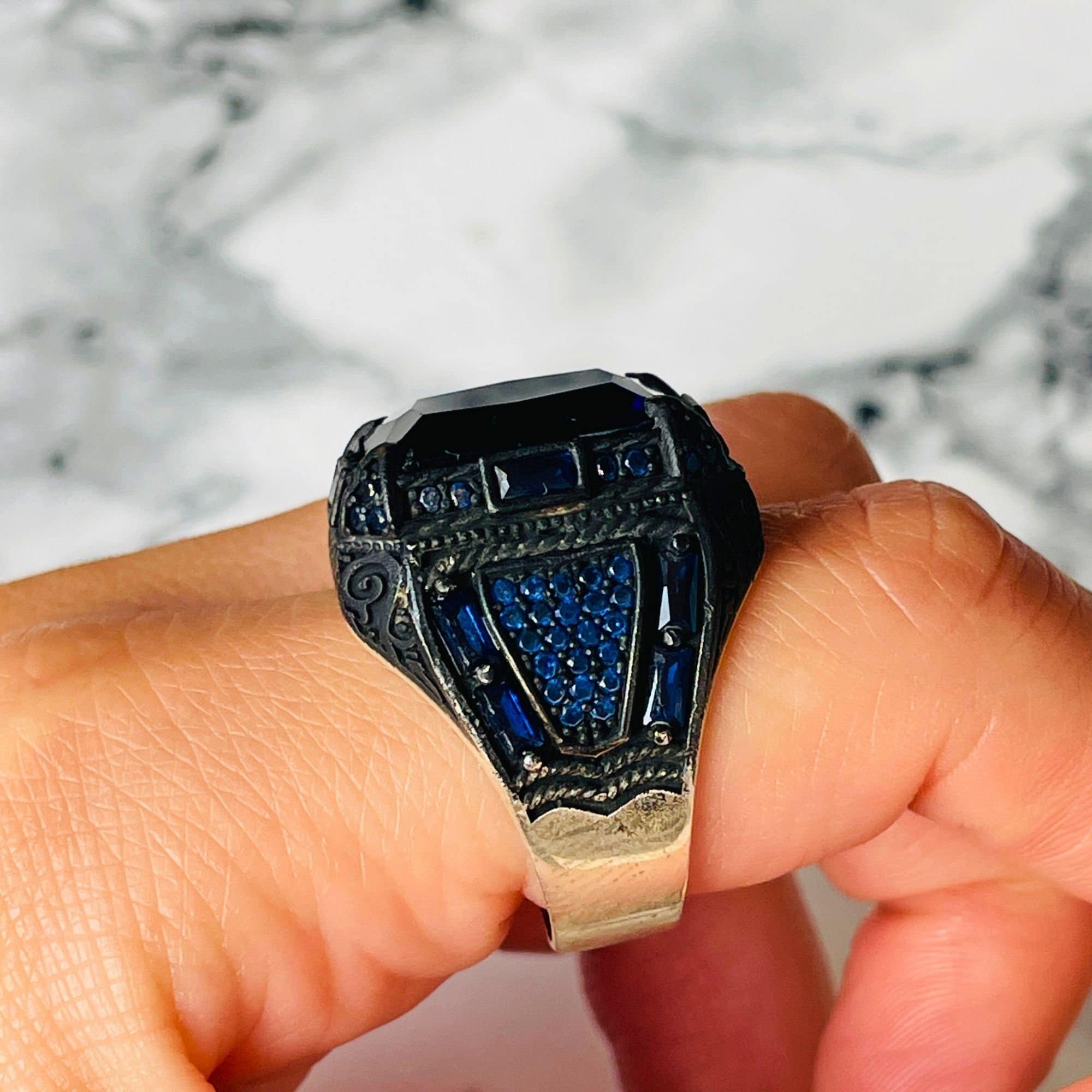 Oxidized 925 Sterling Silver Men's Ring: Sapphire Square Stone Ottoman Fusion - Etsy