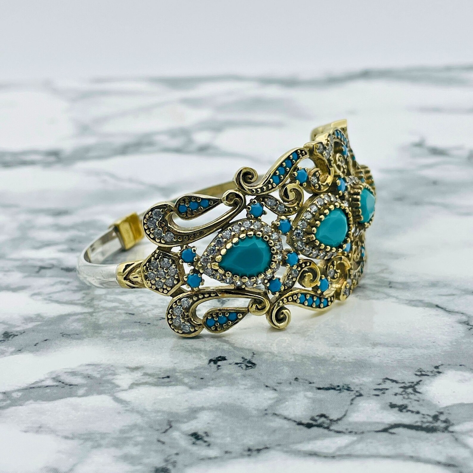 Women's Silver Turquoise Adjustable Cuff, Ottoman Turkish Handmade ...