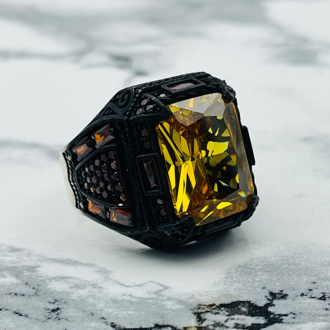 925 Sterling Silver Square Stone Men's Ring, Yellow Citrine Stone ...