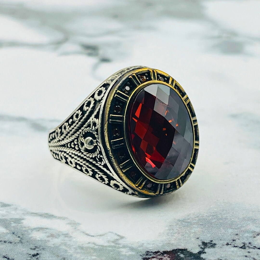 Handmade Oxidized 925 Sterling Silver Men's Ring: Red Ruby Ottoman ...
