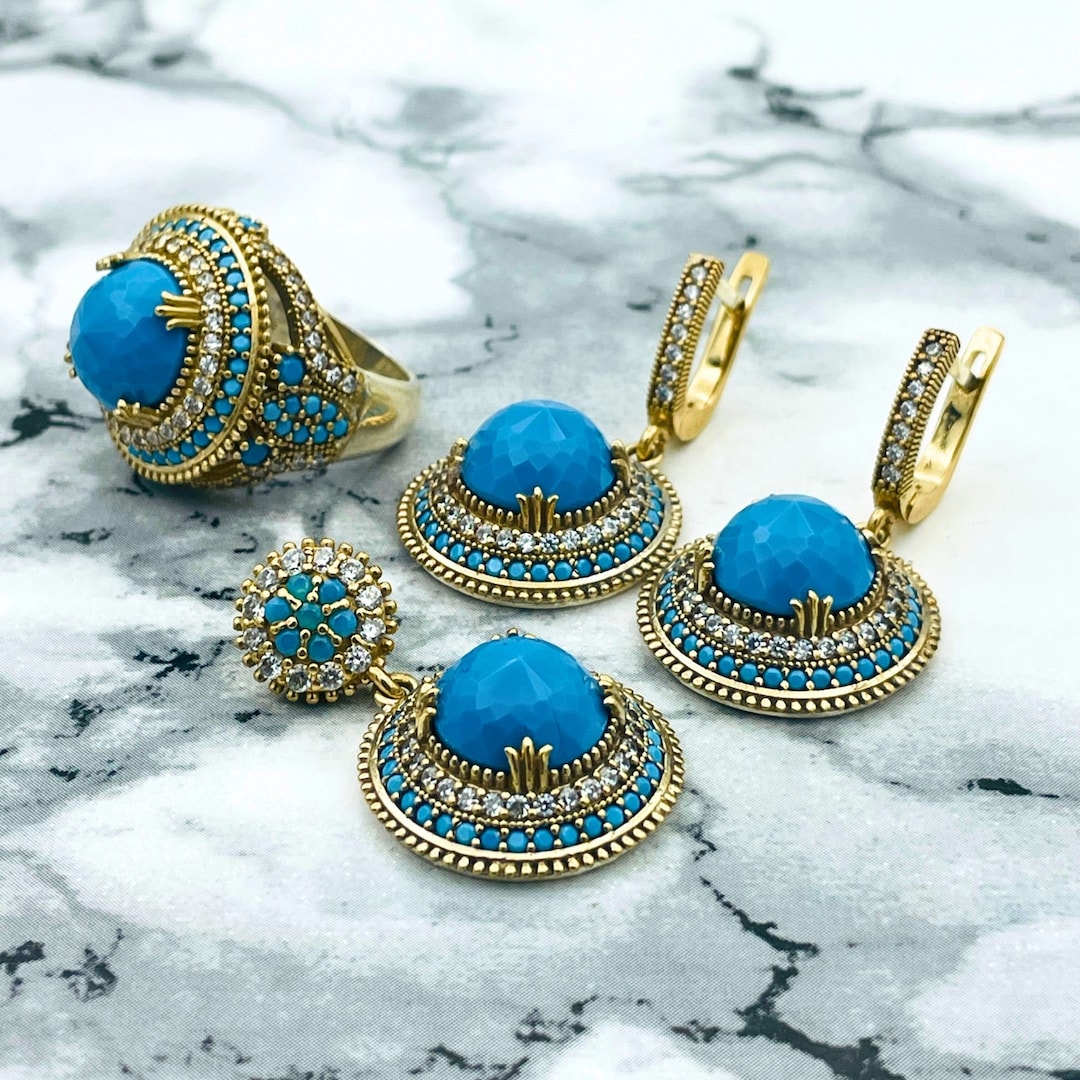 Turquoise Jewelry Set: Sterling Silver Ottoman Necklace, Ring, Earrings ...