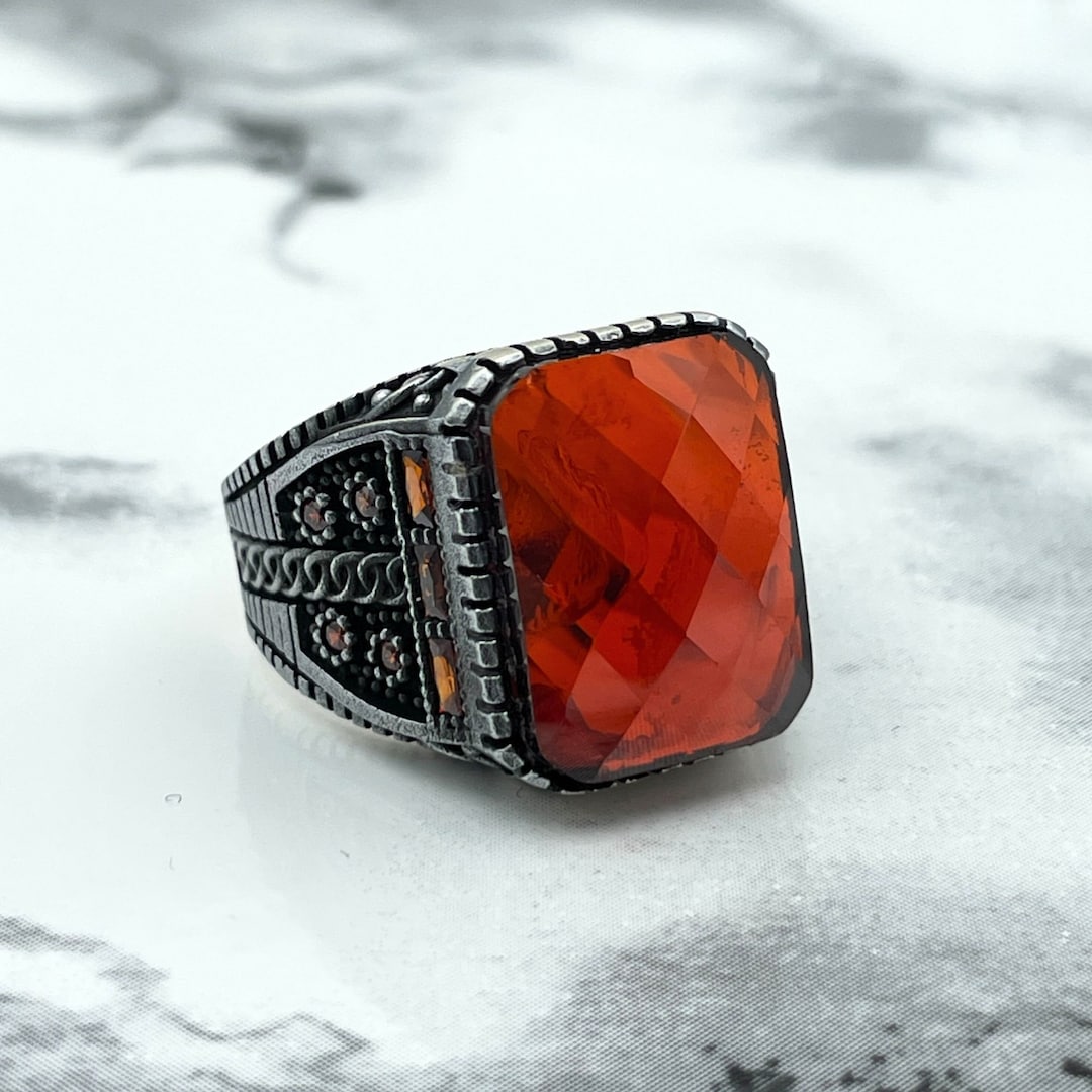 925 Sterling Silver Square Stone Men's Ring, Red Garnet Stone, Ottoman ...