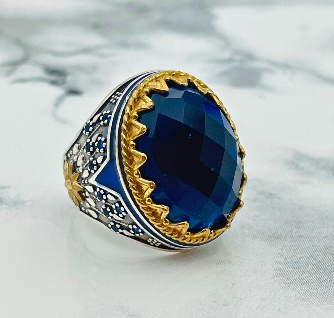 Sapphire Stone Men's Ring: Floral 925 Sterling Silver, Blue Gemstone - Etsy