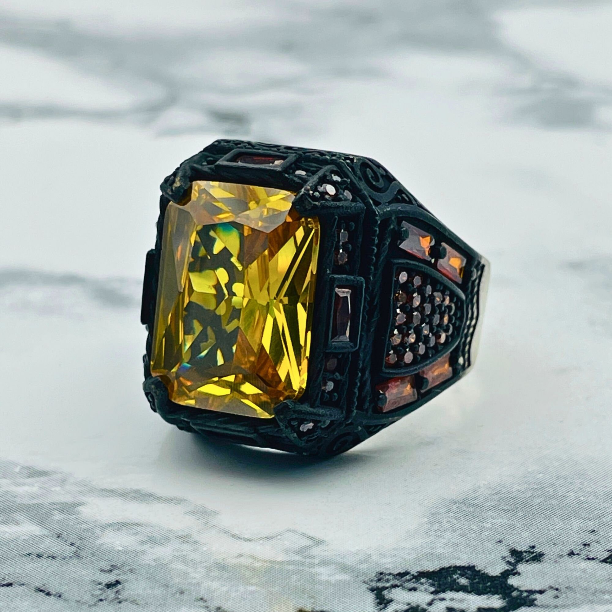 925 Sterling Silver Square Stone Men's Ring, Yellow Citrine Stone ...