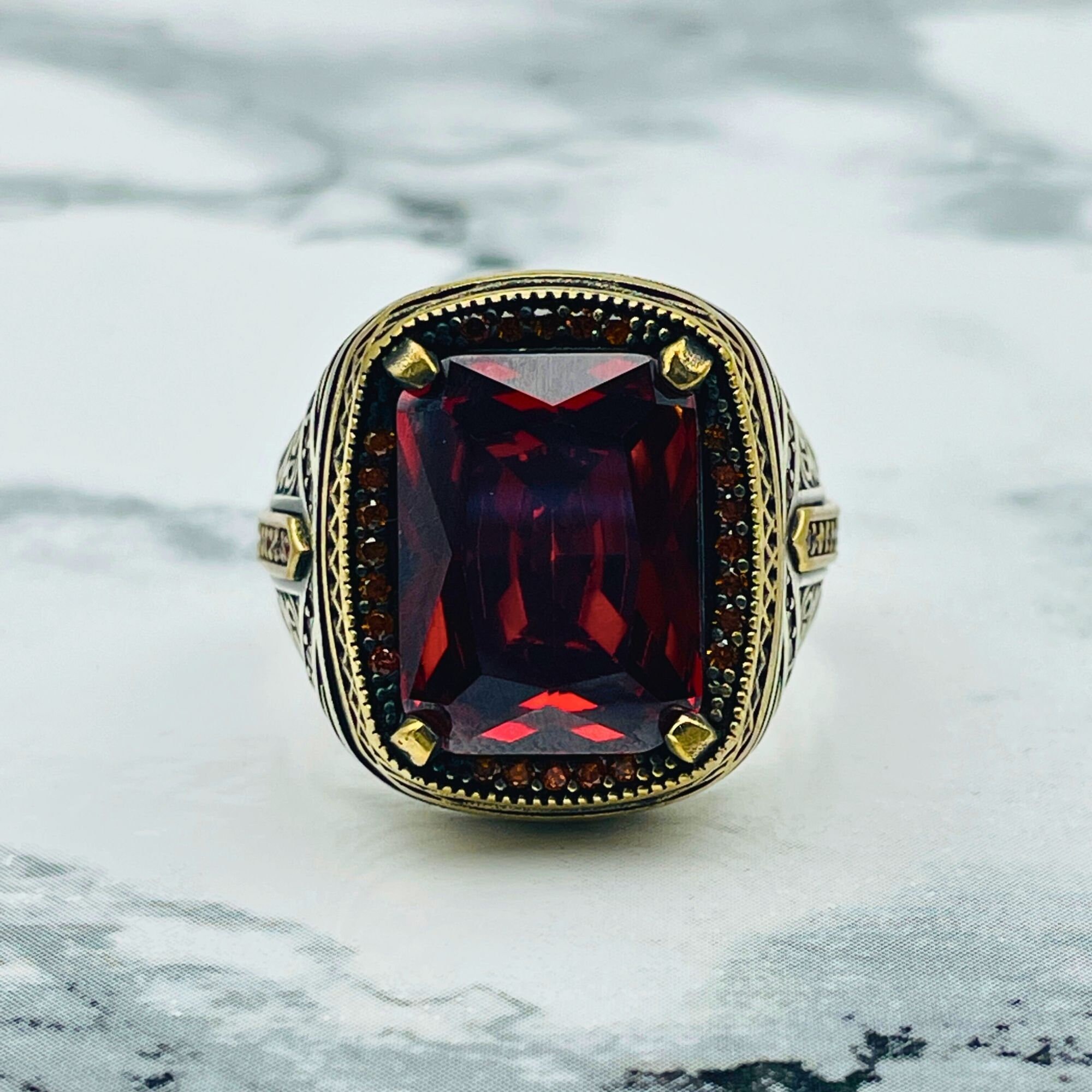 925 Sterling Silver Square Stone Men's Ring, Red Garnet Stone, Modern ...