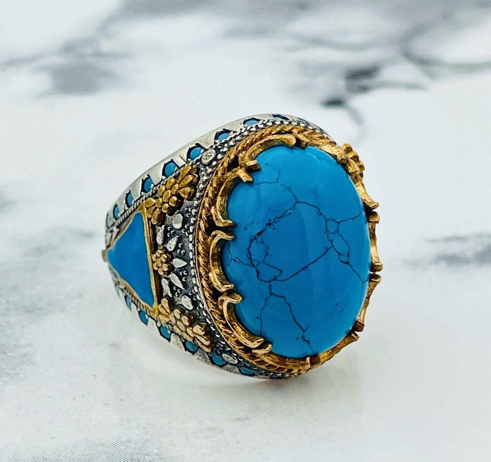 Turquoise Stone Men's Ring, 925 Sterling Silver Ottoman Style Ring ...