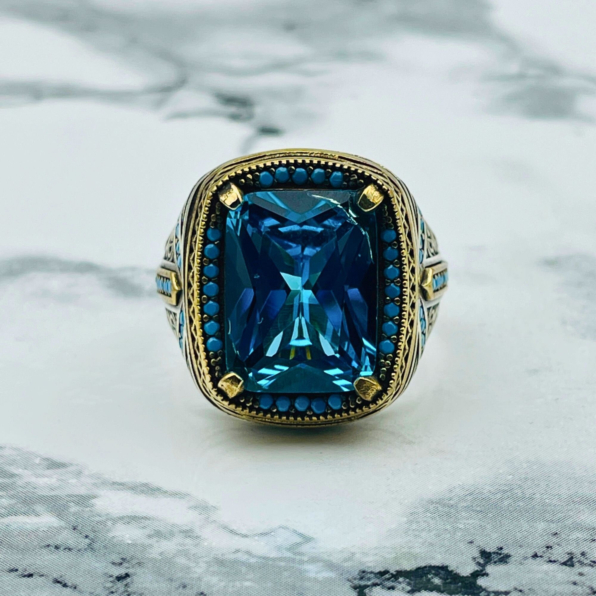 925 Sterling Silver Square Stone Men's Ring, Aquamarine Stone, Modern ...